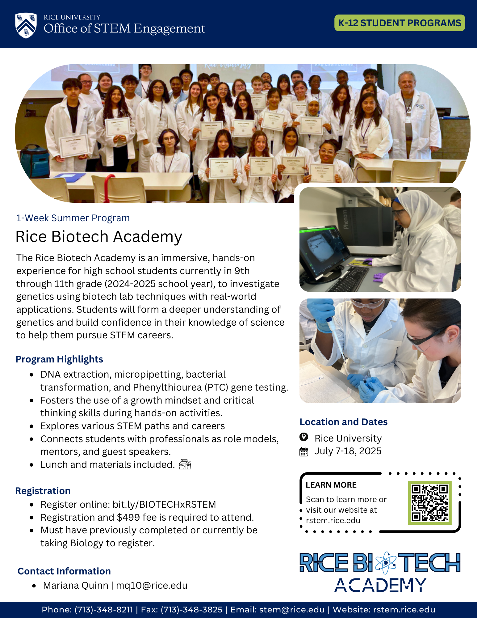Rice Biotech Academies | Office of STEM Engagement | Office of Research | Rice University